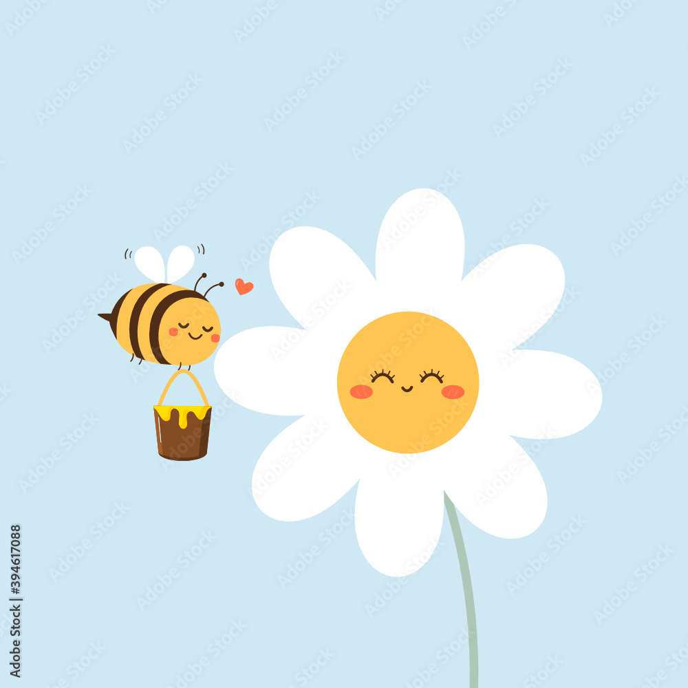 Daisy flower and bee cartoon on blue background vector illustration ...