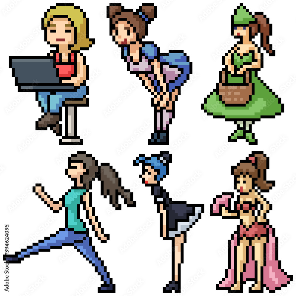 pixel art set isolated lovely woman Stock Vector | Adobe Stock