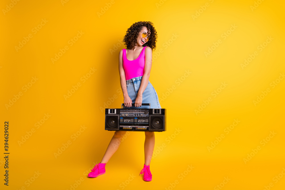 Full body photo of funny wavy hipster dj lady hold retro tape boom box ...
