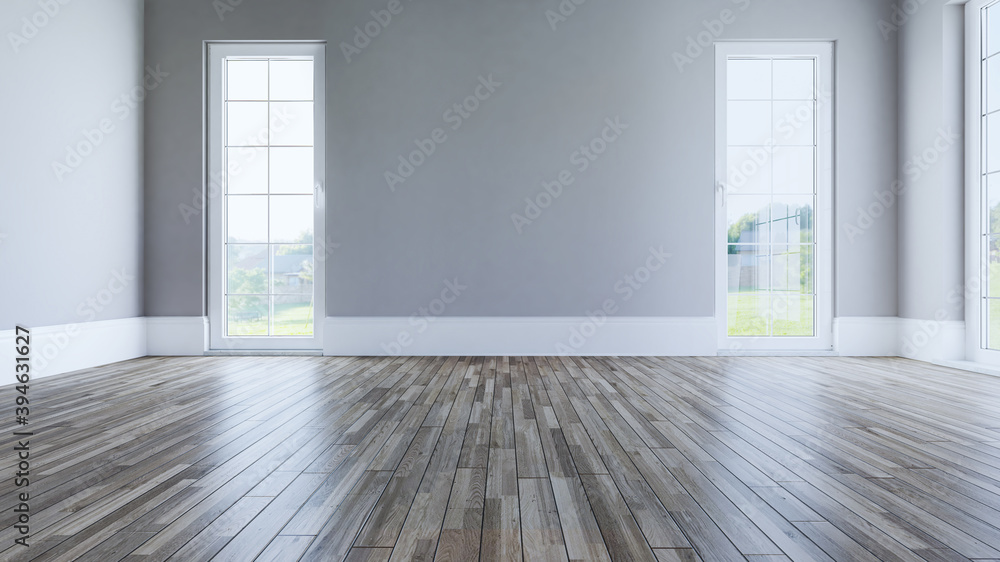 Empty living room concept with windows and wooden floor 3D rendering ...