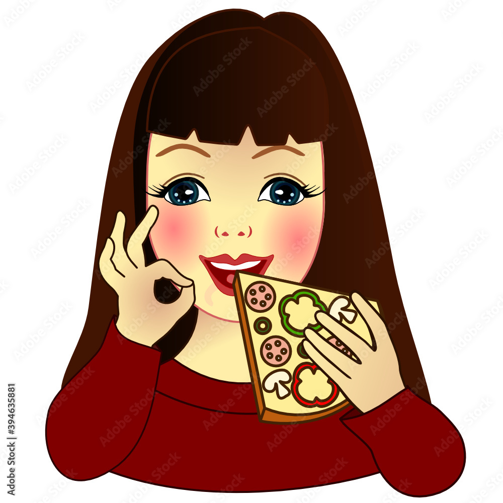 emoji girl with gourmet tasting a piece of hot pepperoni pizza with ...
