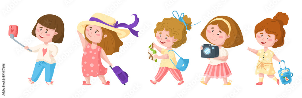 Traveling cartoon cute pretty girls, kids travel or vacation clipart ...