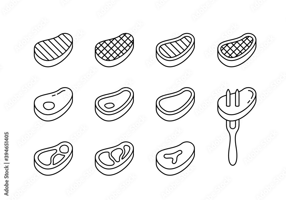 Steak linear icons set. Beef with bone, fat, grill strips, fork ...