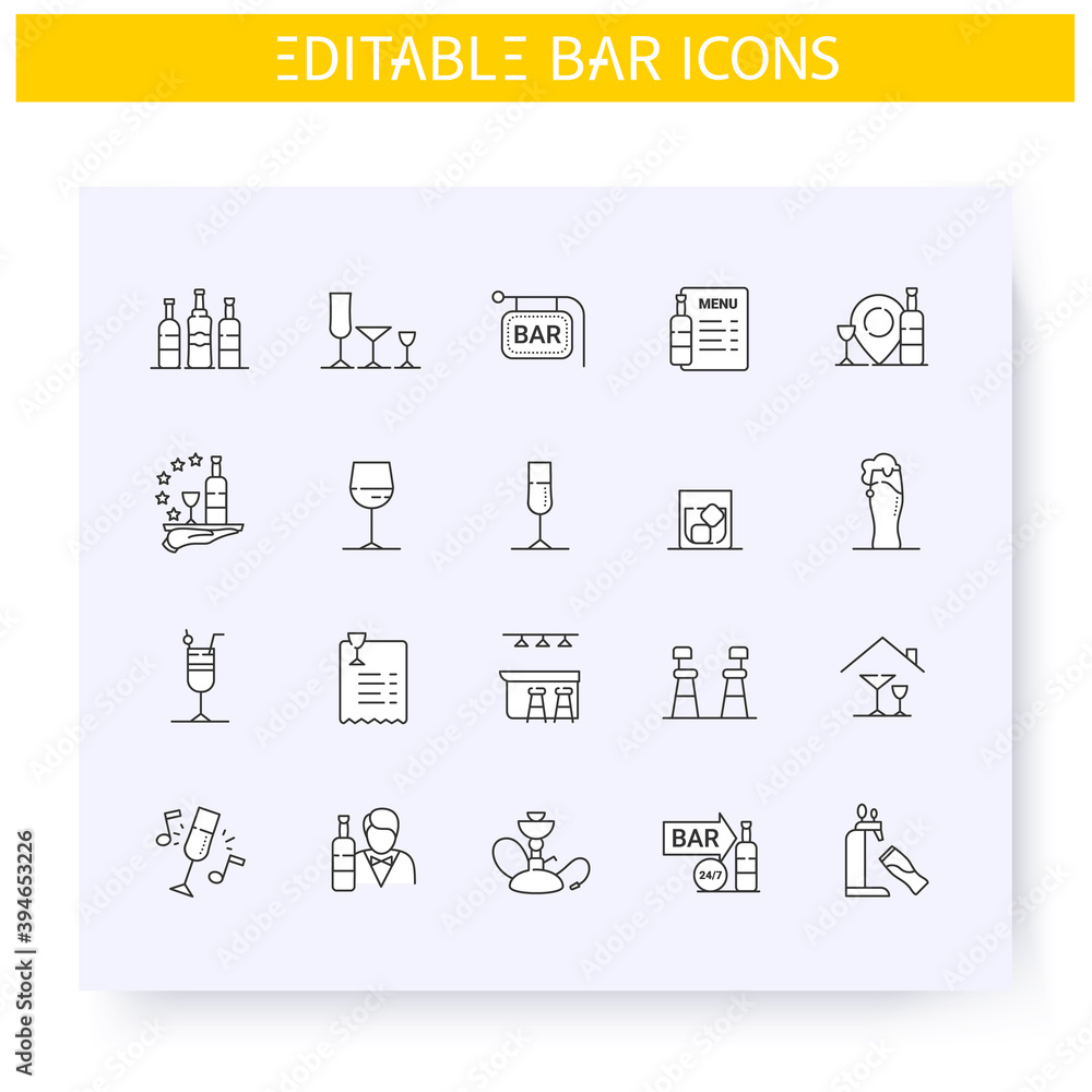 Bar line icons set. Alcohol drinks, stemware types. Bar interior, menu ...