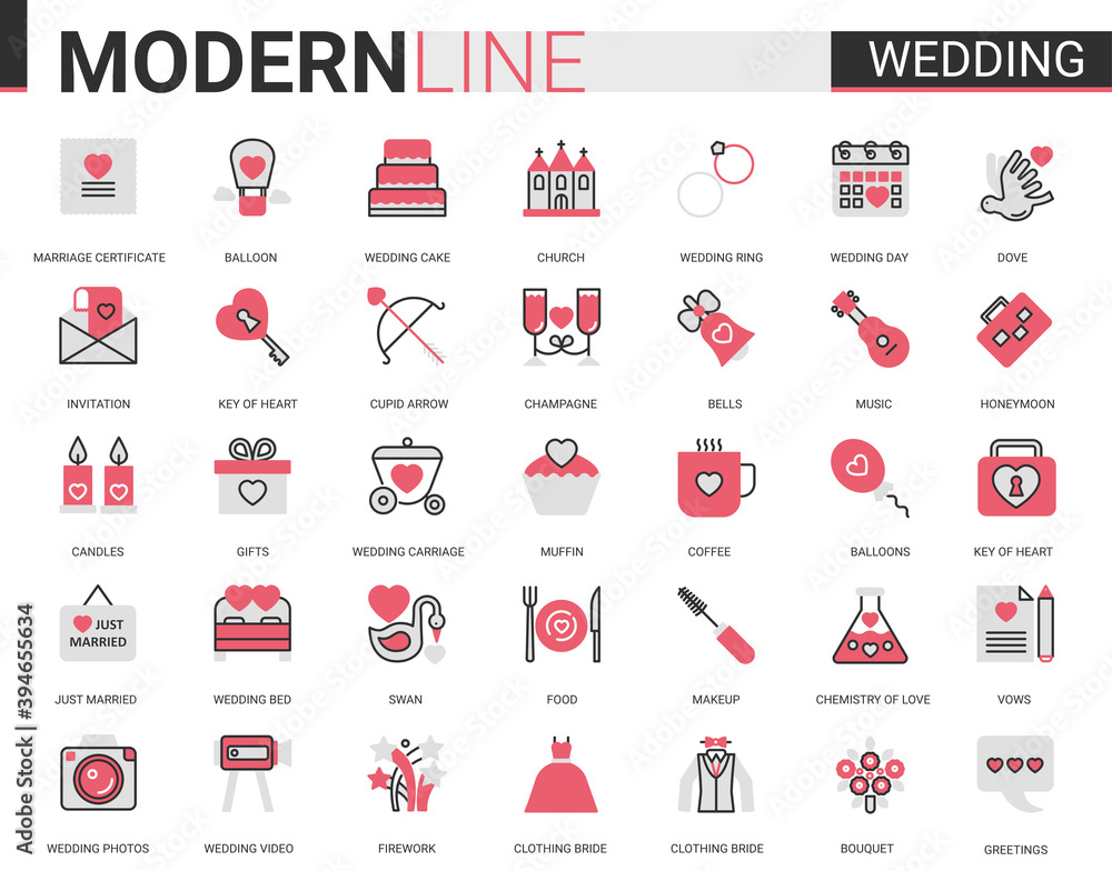Wedding red black flat line icon vector illustration set. Outline ...