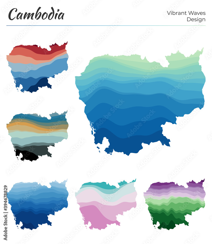 Set of vector maps of Cambodia. Vibrant waves design. Bright map of ...