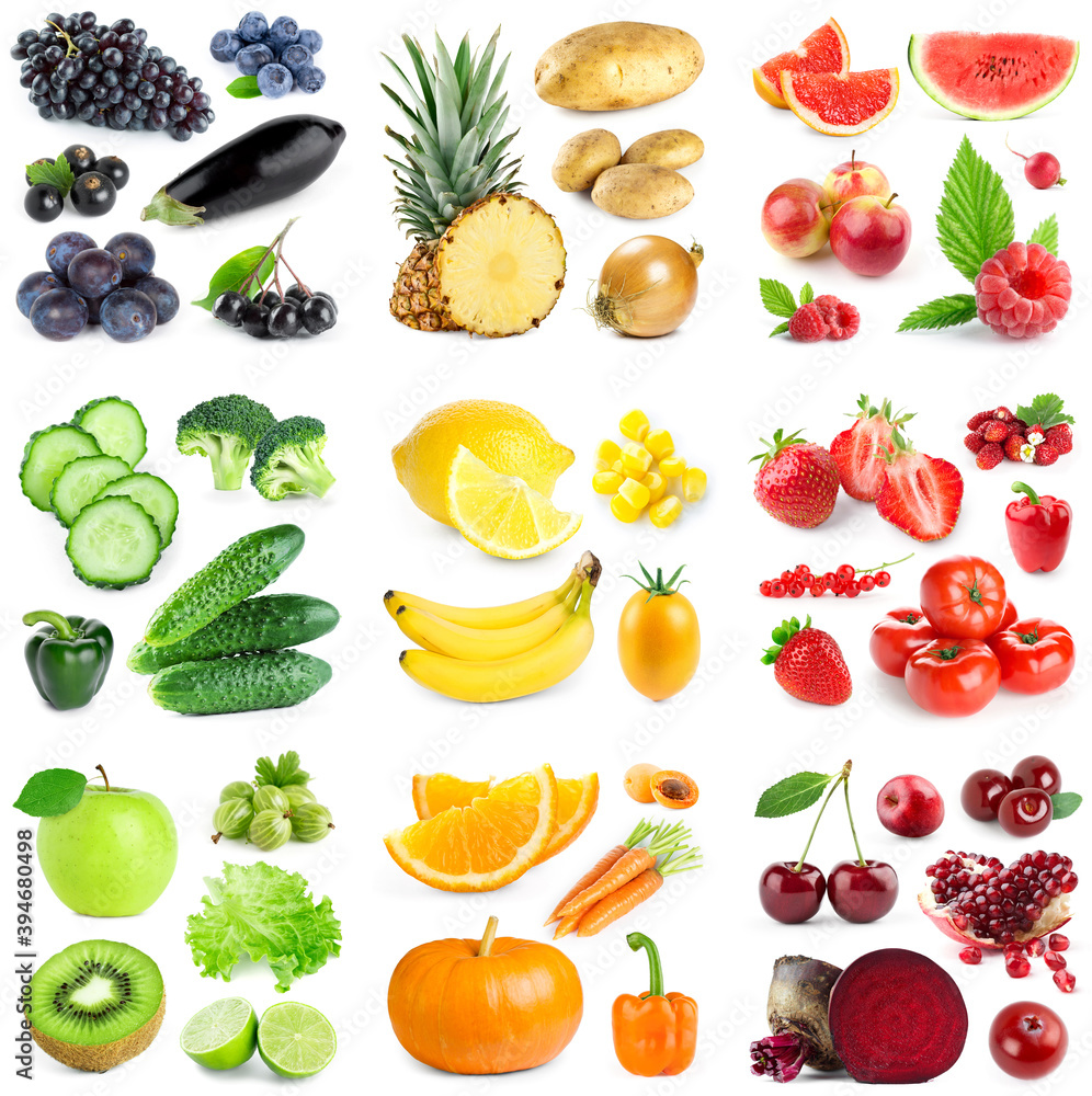 Collection of color fruits and vegetables on white background. Fresh ...
