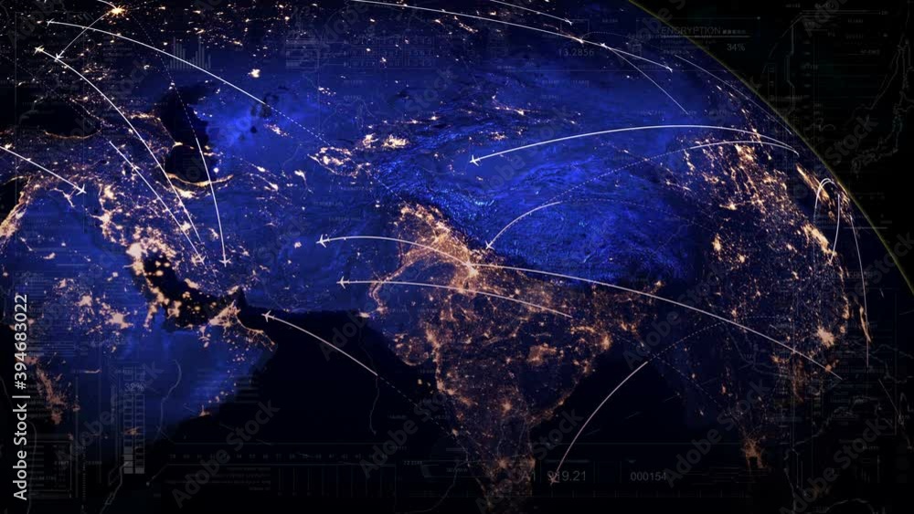 Flight HUD monitor.Airplane trip on the map,globe.HUD with digital data ...