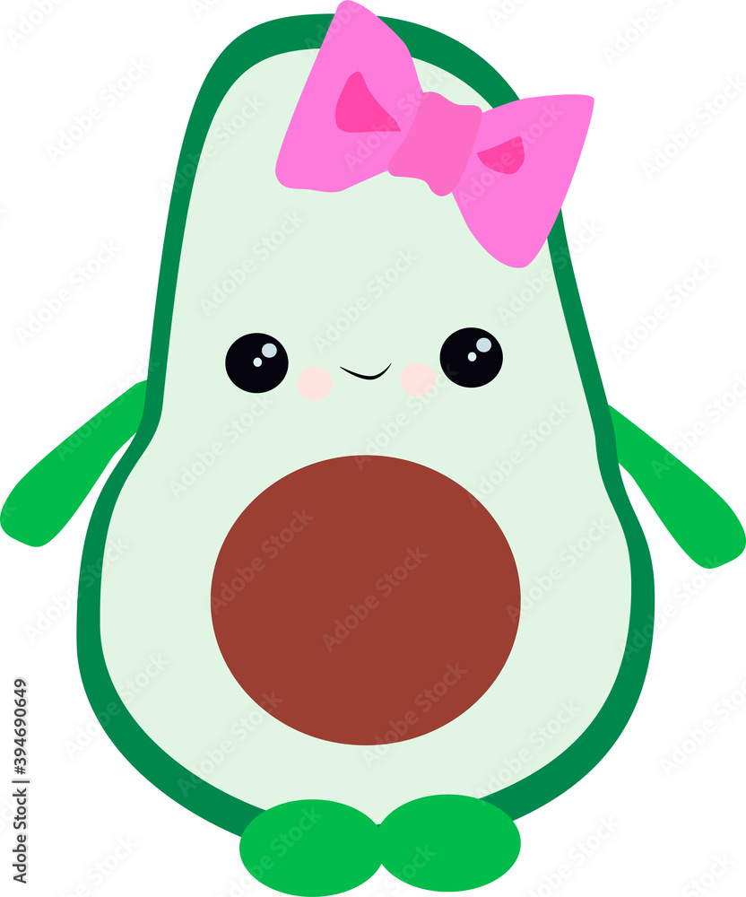 avocado cut, cute oval with eyes and bow, vector drawing, isolate on a ...