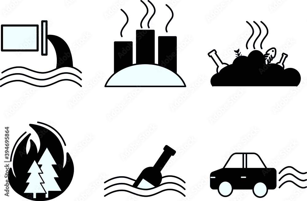 Vector icons of environmental pollution. Environmental protection ...