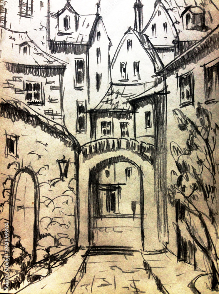 Pencil drawing handmade . Mediterranean landscape Architecture of the ...