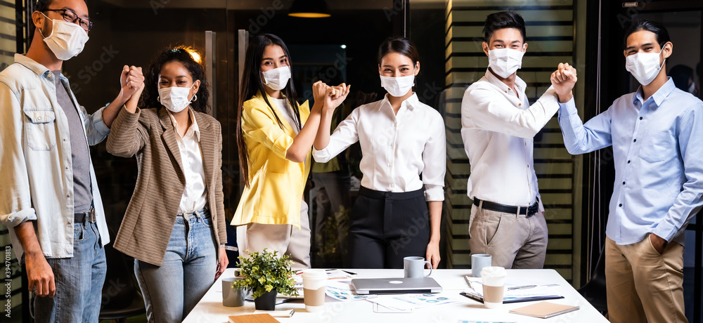 Panorama Office worker wear face mask in meeting room alternative ...