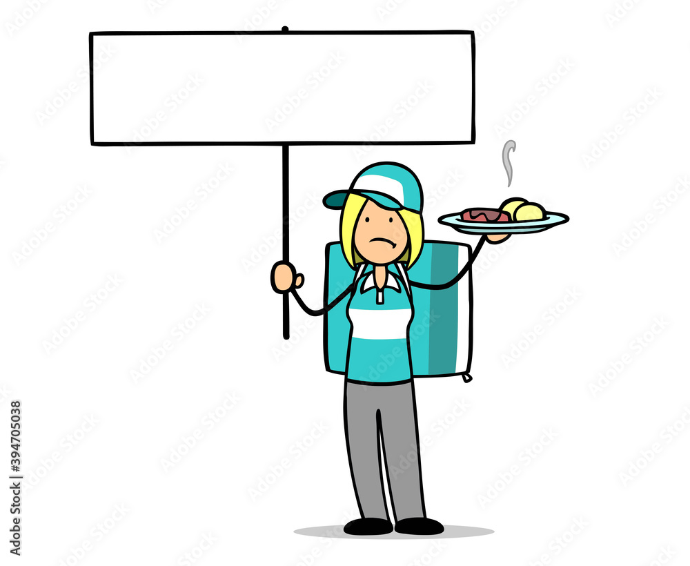 Mitarbeiterin von Lieferservice ist unzufrieden und hält Schild hoch Stock Illustration | Adobe ...