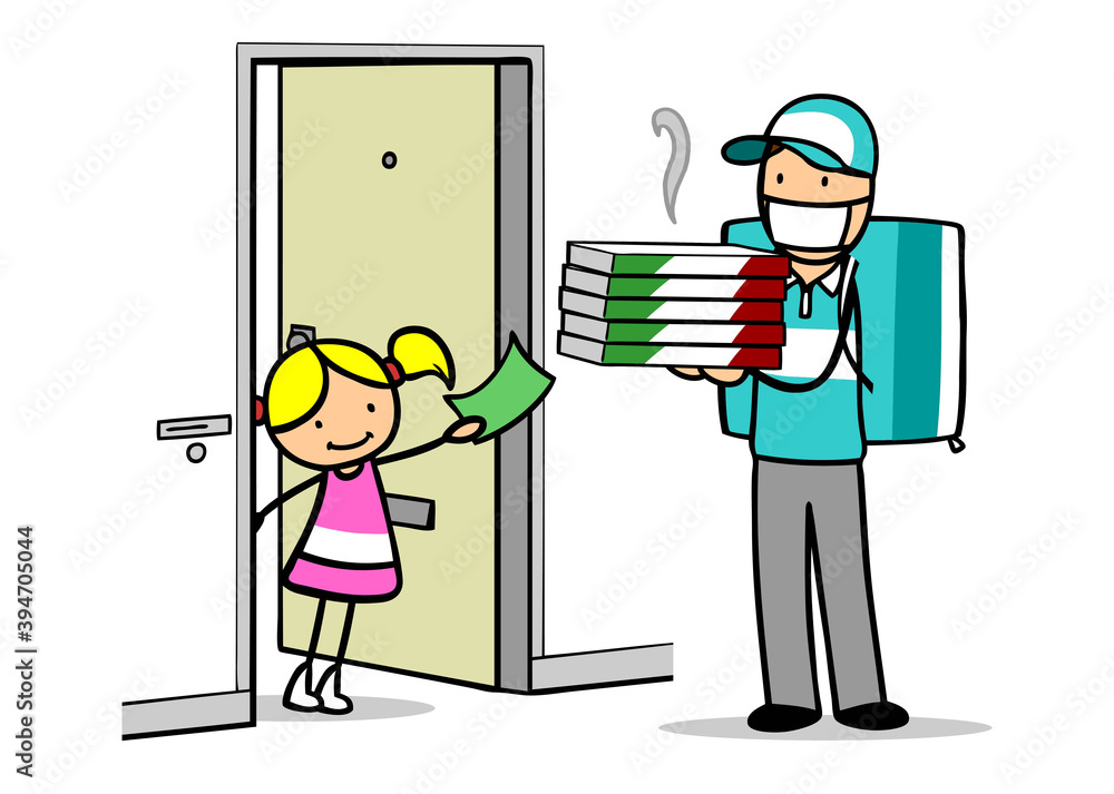 Pizza Lieferant mit Mundschutz bringt Kind eine Bestellung zur Wohnungstür Stock Illustration ...