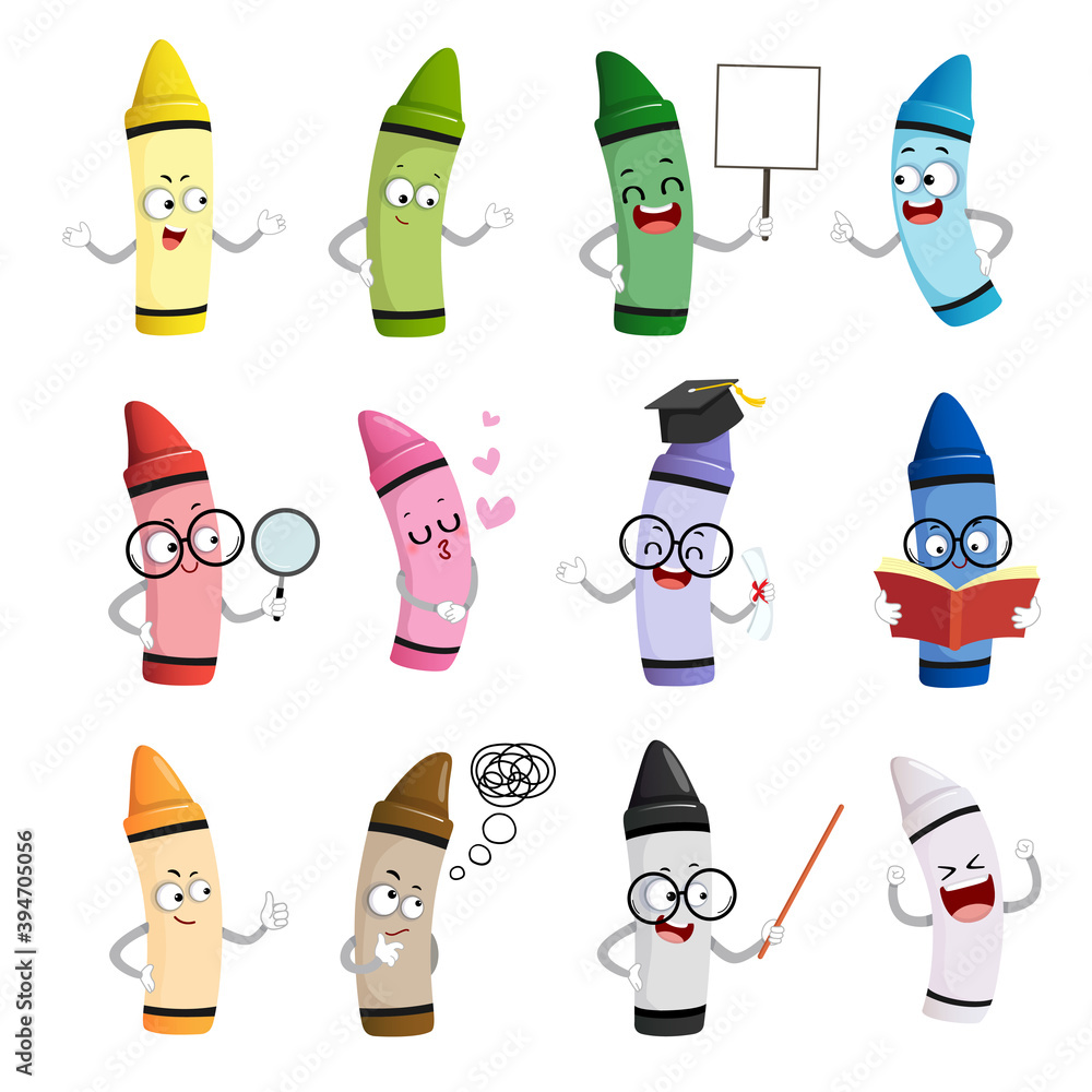 Vector illustration set of happy cartoon crayon colors mascot ...