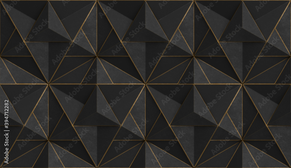 3D Wallpaper of black triangle geometry tiles with gold frayed edges ...