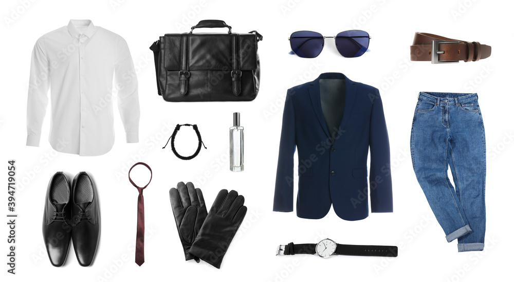 Stylish men's outfit. Collage with modern clothes, gloves and other ...
