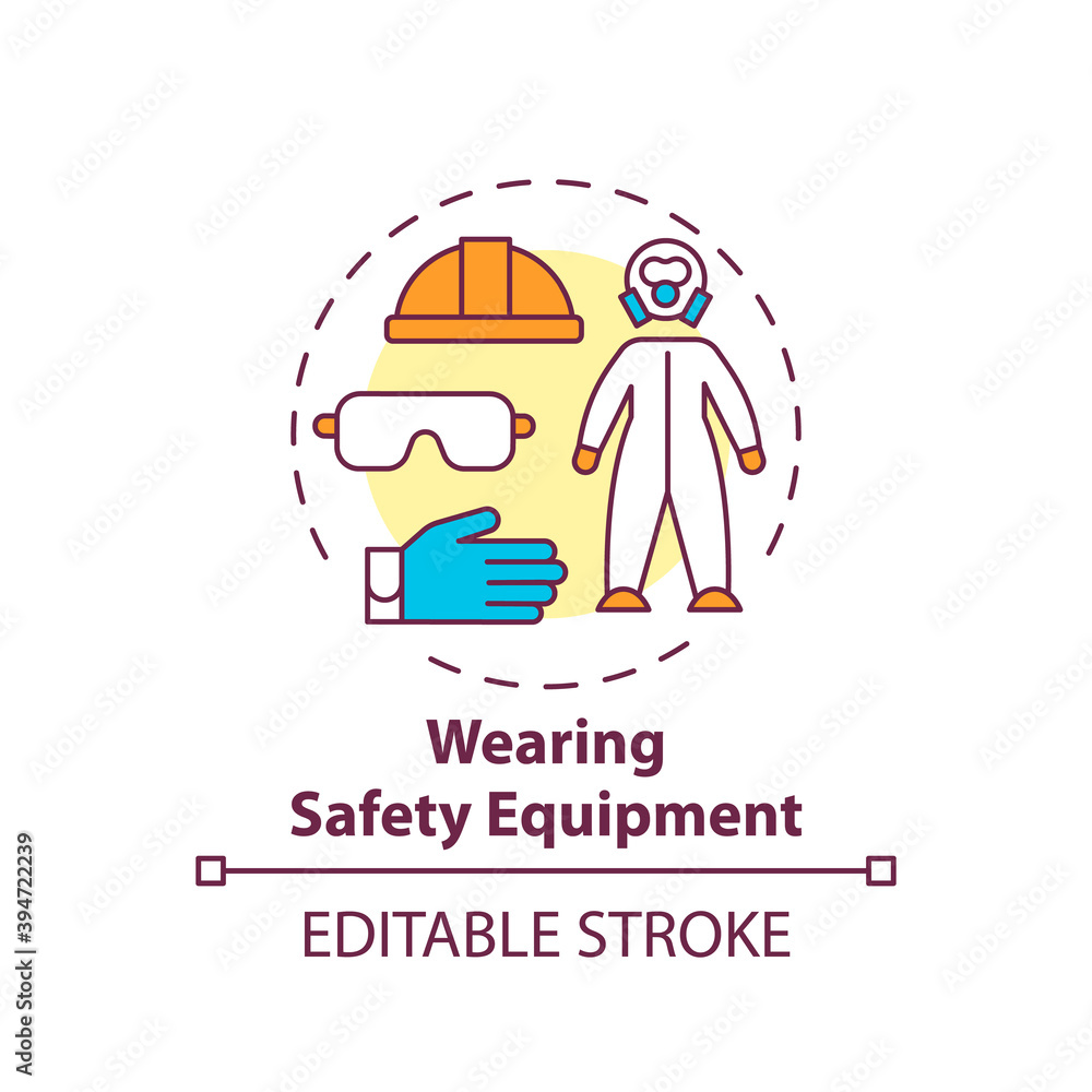 Wearing safety equipment concept icon. Workplace safety elements ...