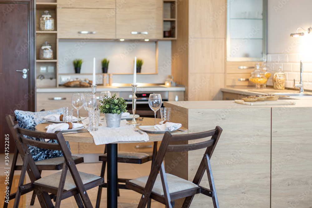 Dining table with table set in modern dining room interior design ...