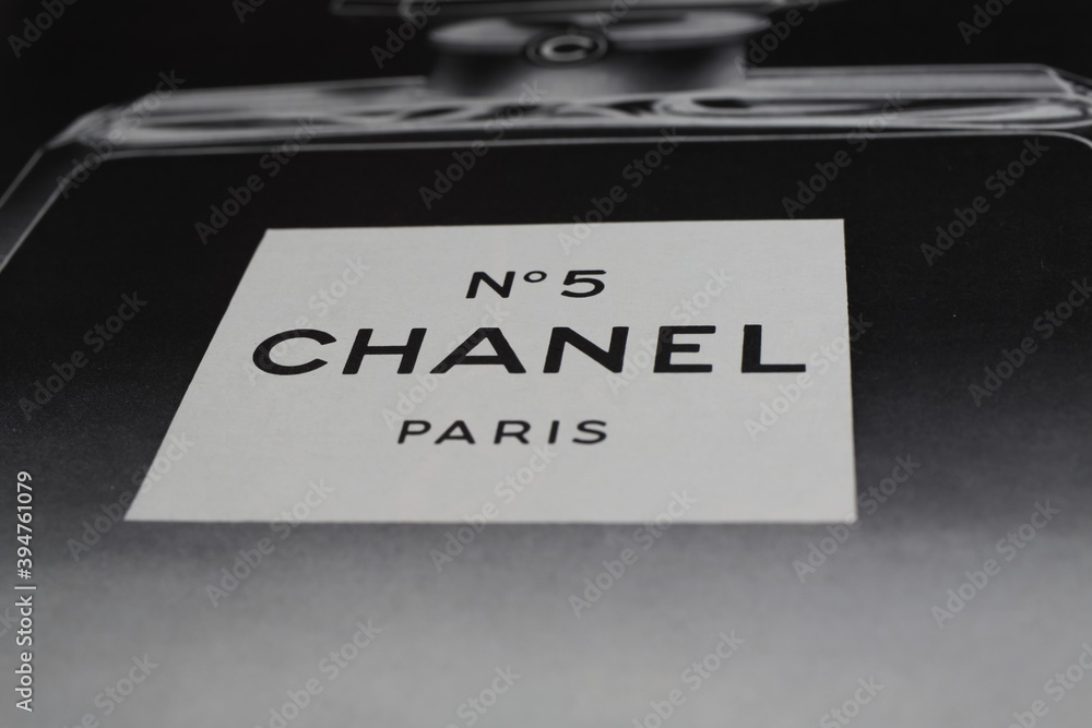 Viersen, Germany - 9. May 2020: Close up of black and white Chanel no 5 ...