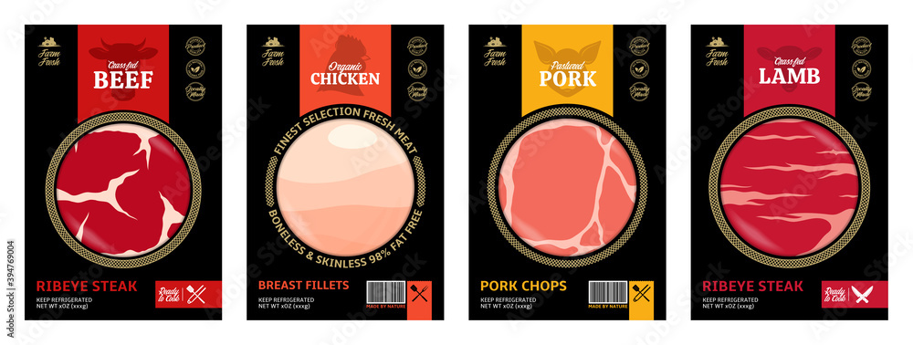 Vector butchery labels with farm animal face. Cow, chicken, pig and ...