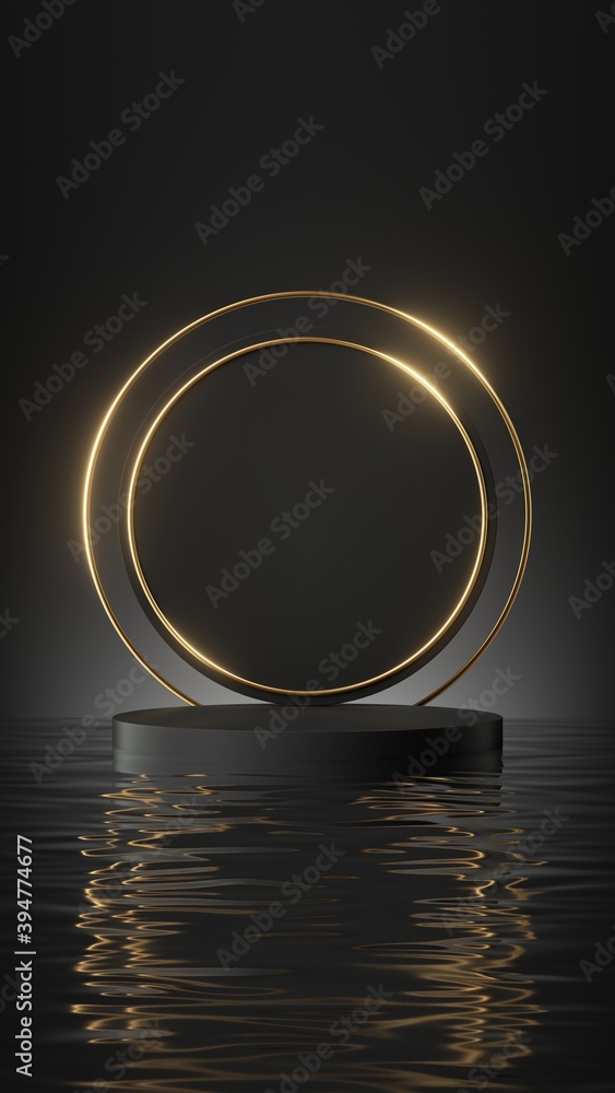 3d render, abstract minimal black background with empty stage, golden ...