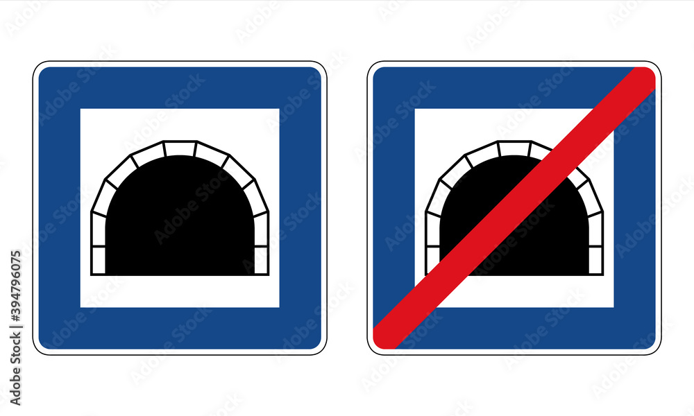 Tunnel ahead and end of tunnel road sign set. Vector illustration of ...