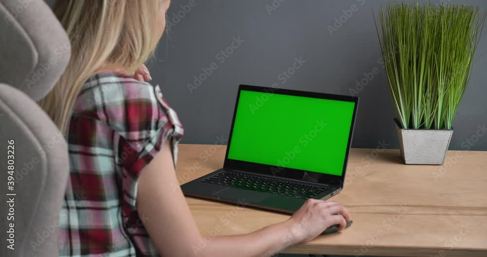Back View of Young Woman Freelancer is working on her Laptop with Green ...