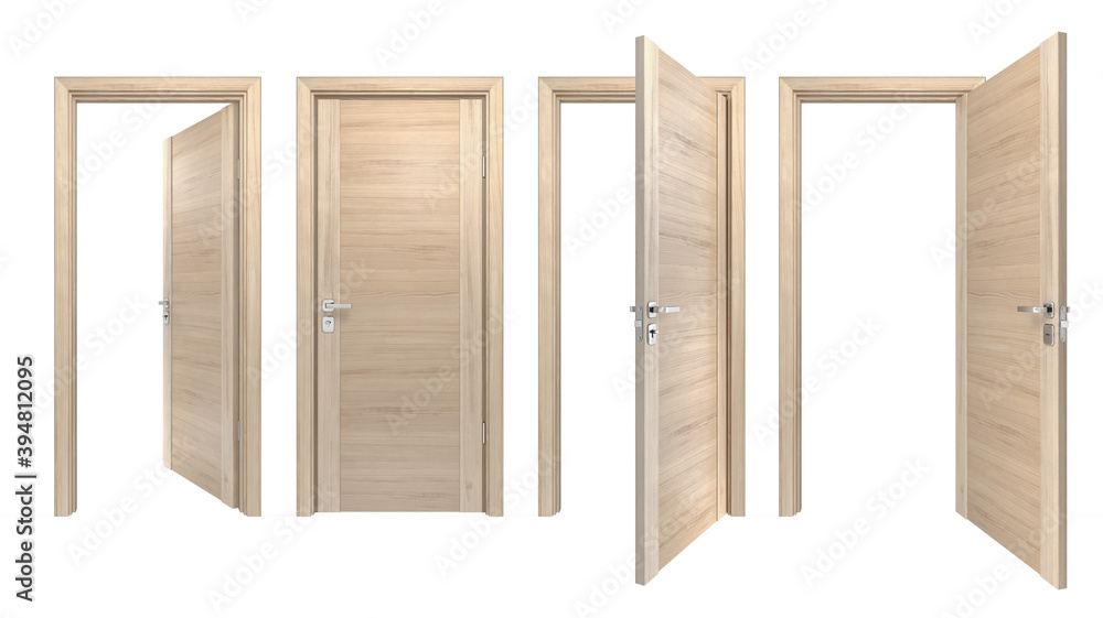 Set of classic style solid wood doors closed and open outside, inside ...