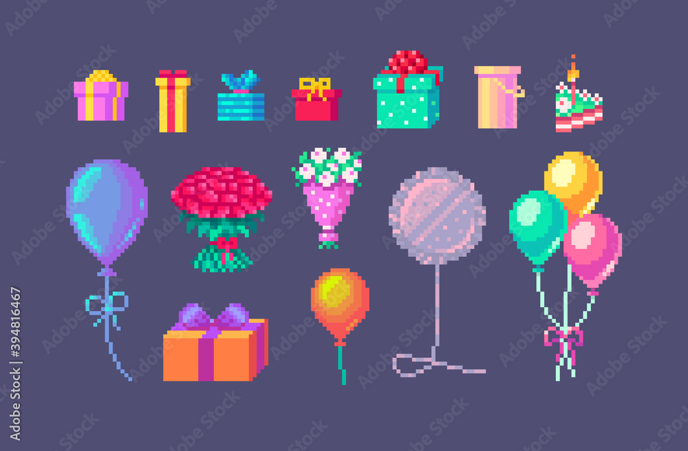 Pixel art set of presents and gifts on holidays events. Stock Vector ...