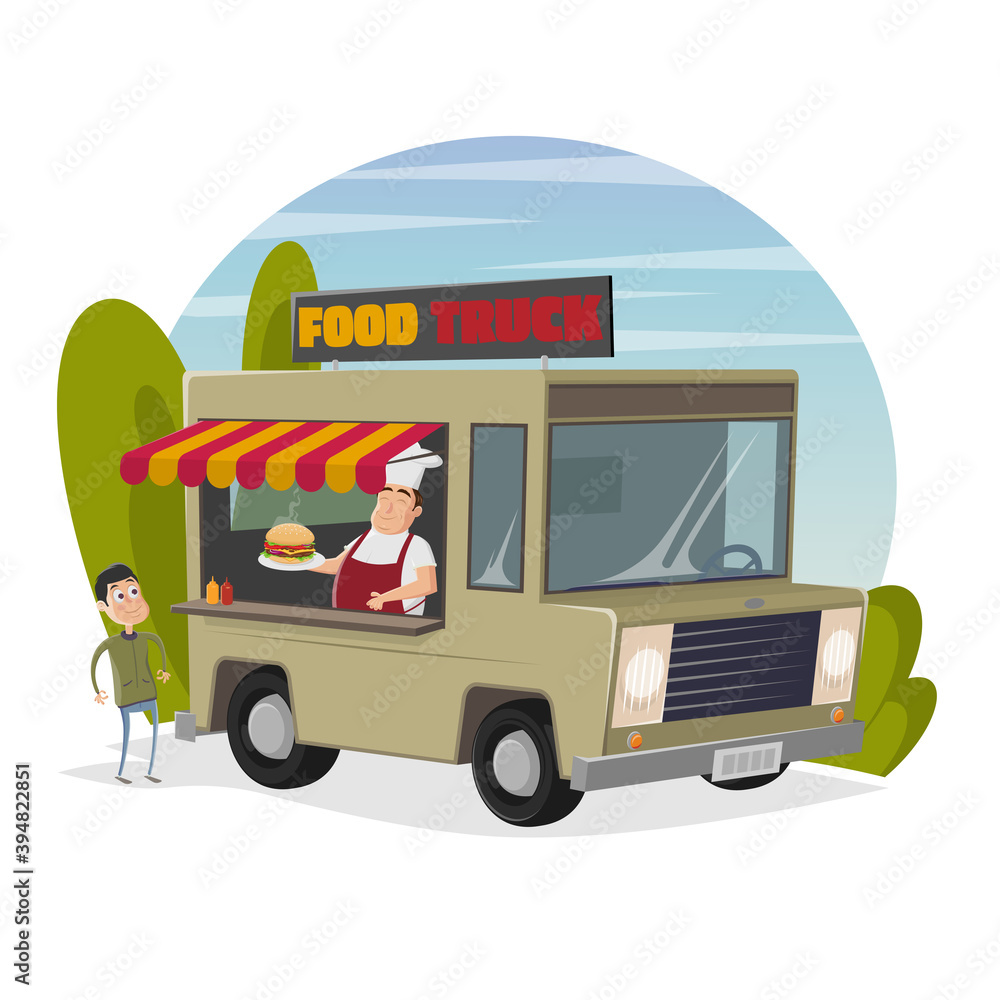 food truck cartoon illustration with happy chef serving a burger to a ...