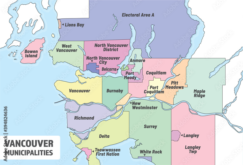Obraz Greater Vancouver municipalities map. Administrative map of metro ... Obraz Greater Vancouver municipalities map. Administrative map of metro ...