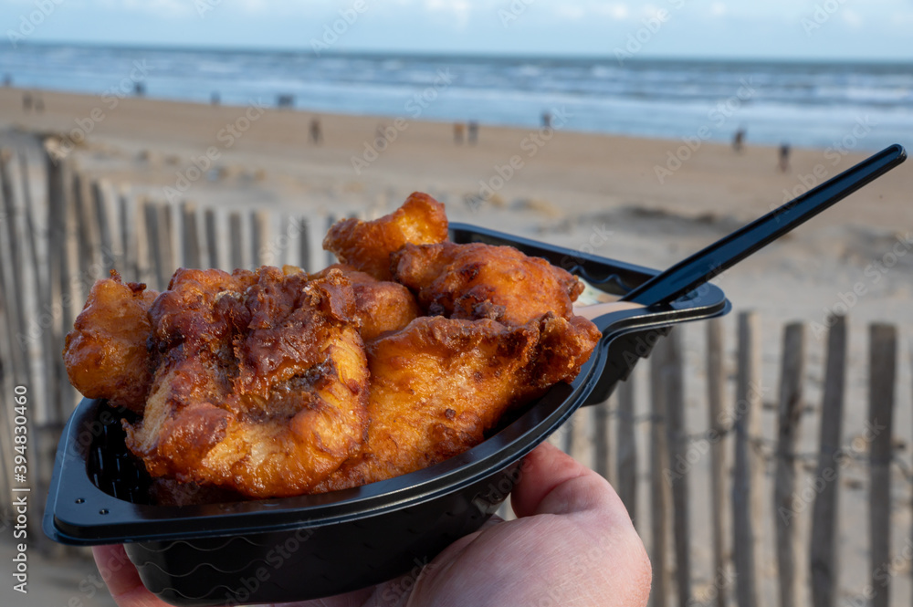 Dutch street seafood, deep fried cod fish fillet with garlic sauce ...