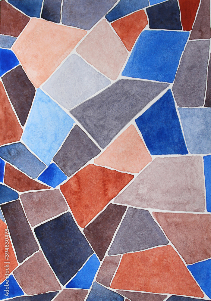 Watercolor abstract blue, gray, brown square, rhombus, parallelepiped ...