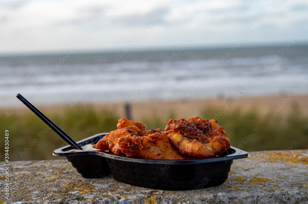 Dutch street seafood, deep fried cod fish fillet with garlic sauce ...