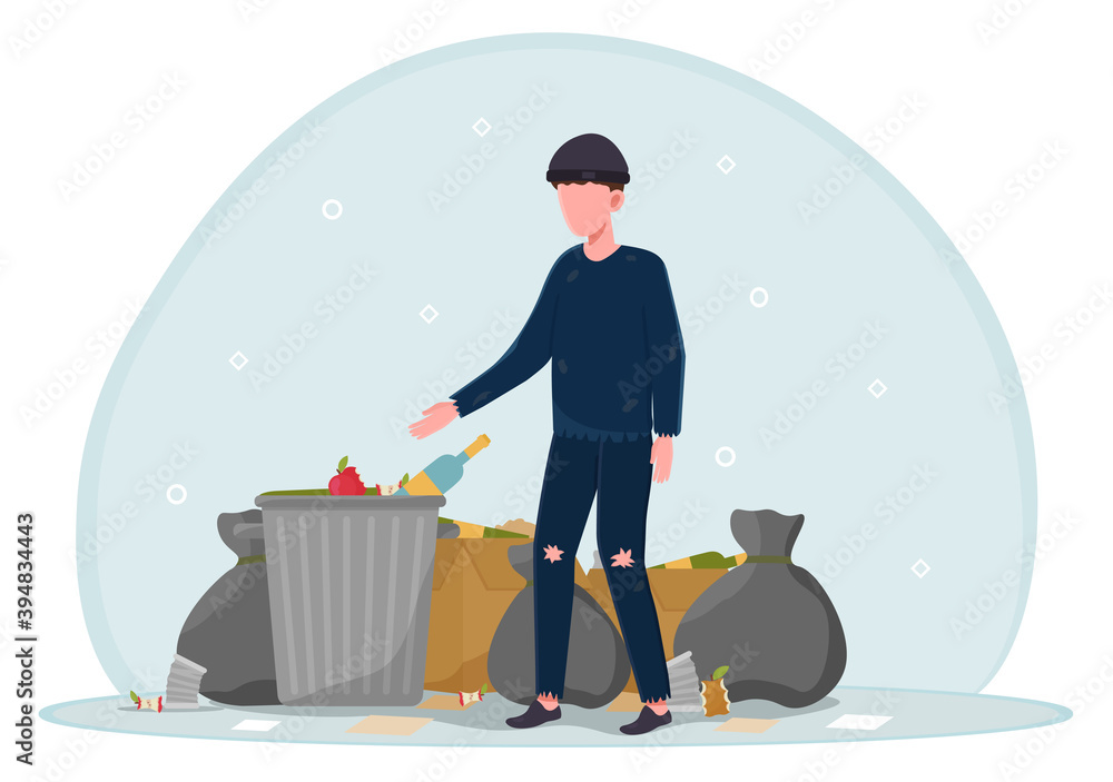 Homeless man in torn clothes near trash can. Concept of unemployed bum ...