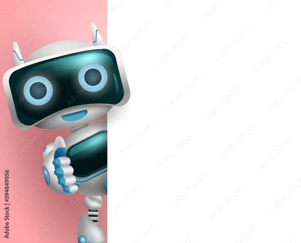 Robot 3d character vector background template. Robotic character showing empty white board ...
