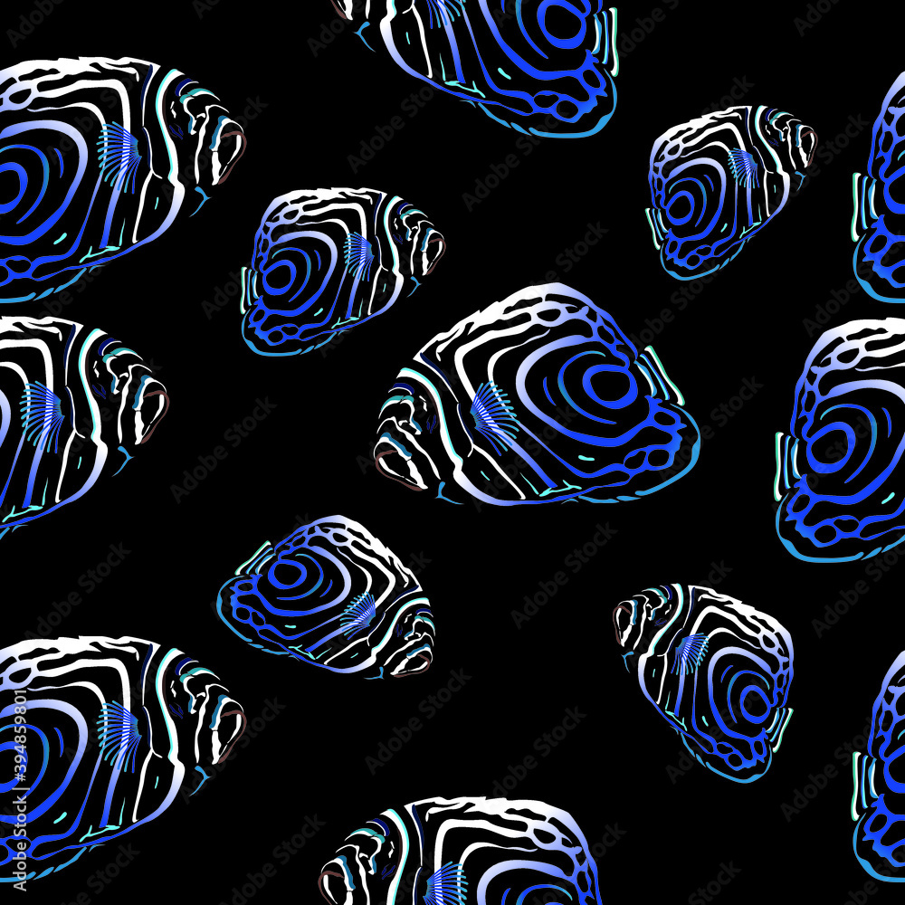 Vector Discus fish in black background. Seamless fish pattern for ...