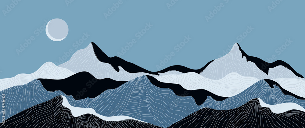 Mountain line arts background vector. Landscape with mountains and sun ...