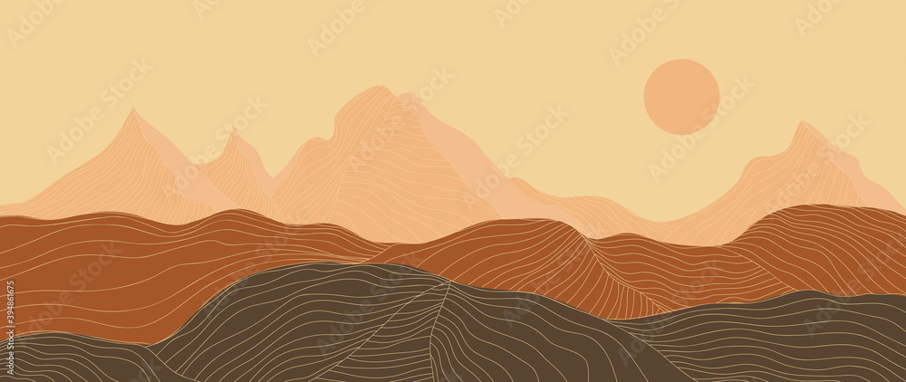 Mountain line arts background vector. Landscape with mountains and sun ...