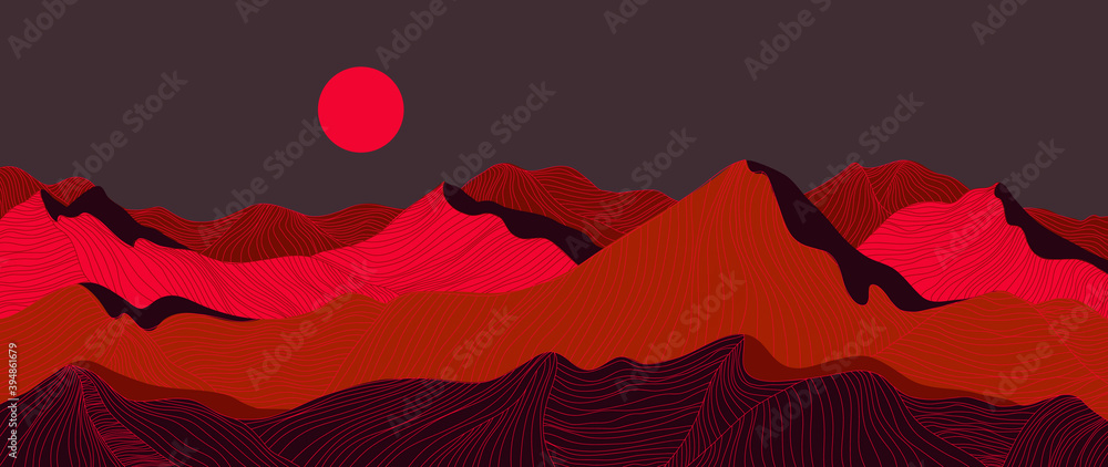 Mountain line arts background vector. Landscape with mountains and sun ...