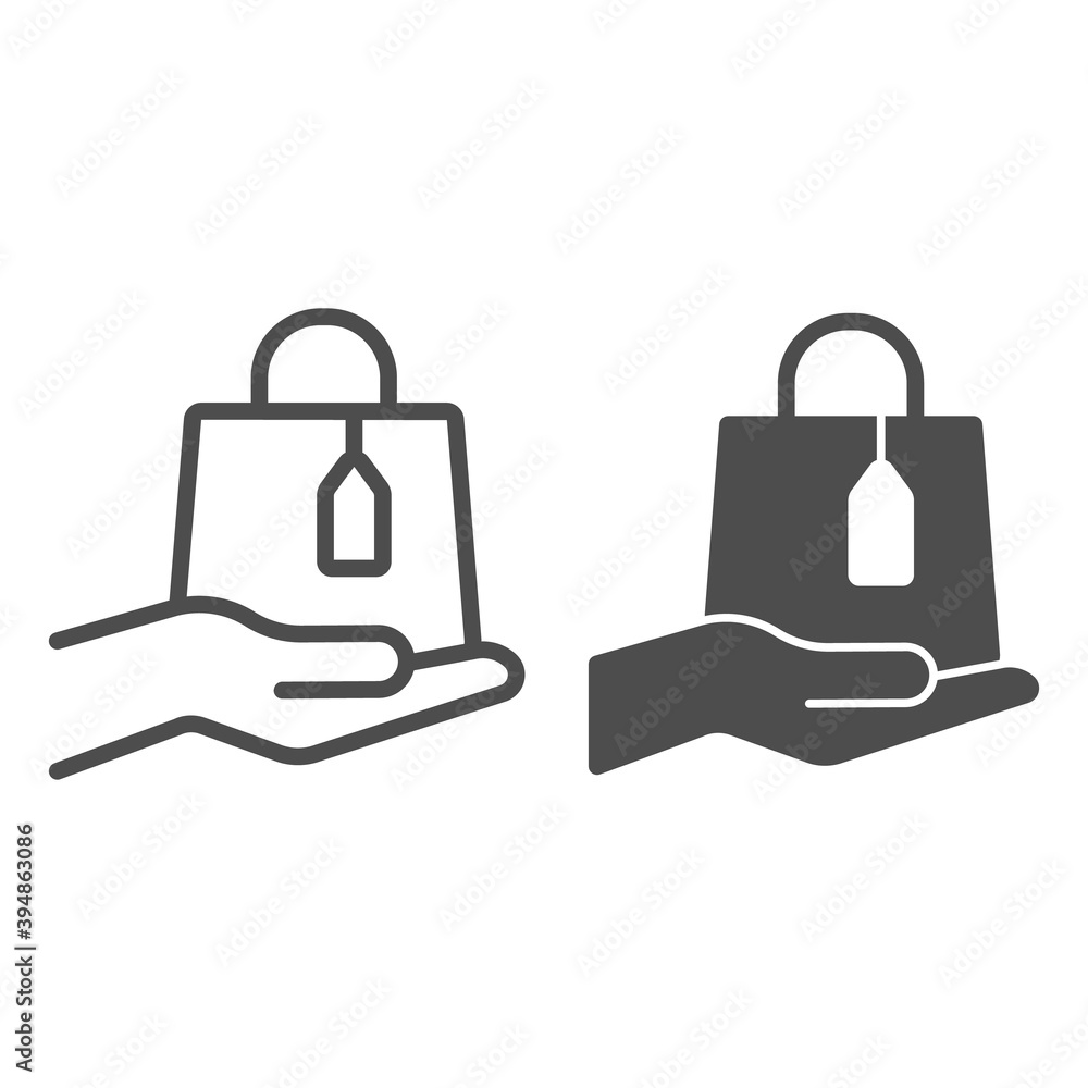 Bag with tag and hand line and solid icon, Black Friday concept, palm ...