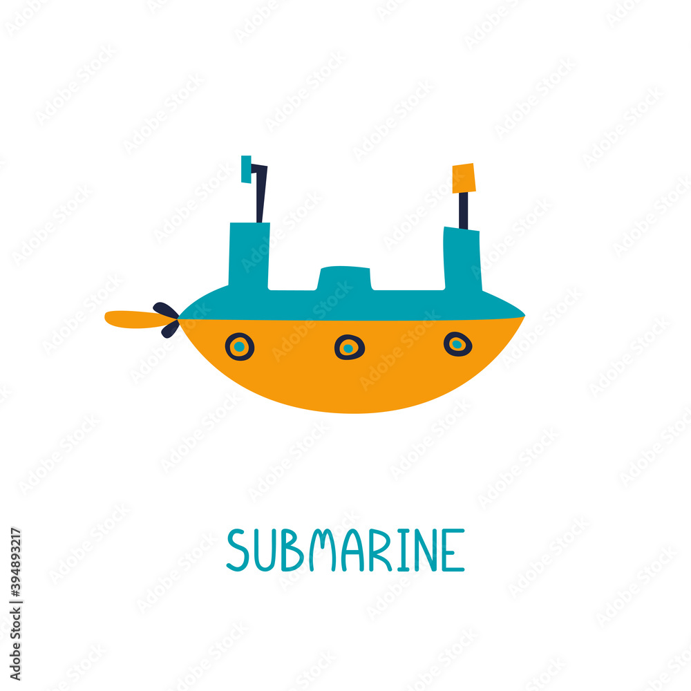 Vector flat illustration with a submarine. Simple cartoon sub on white ...