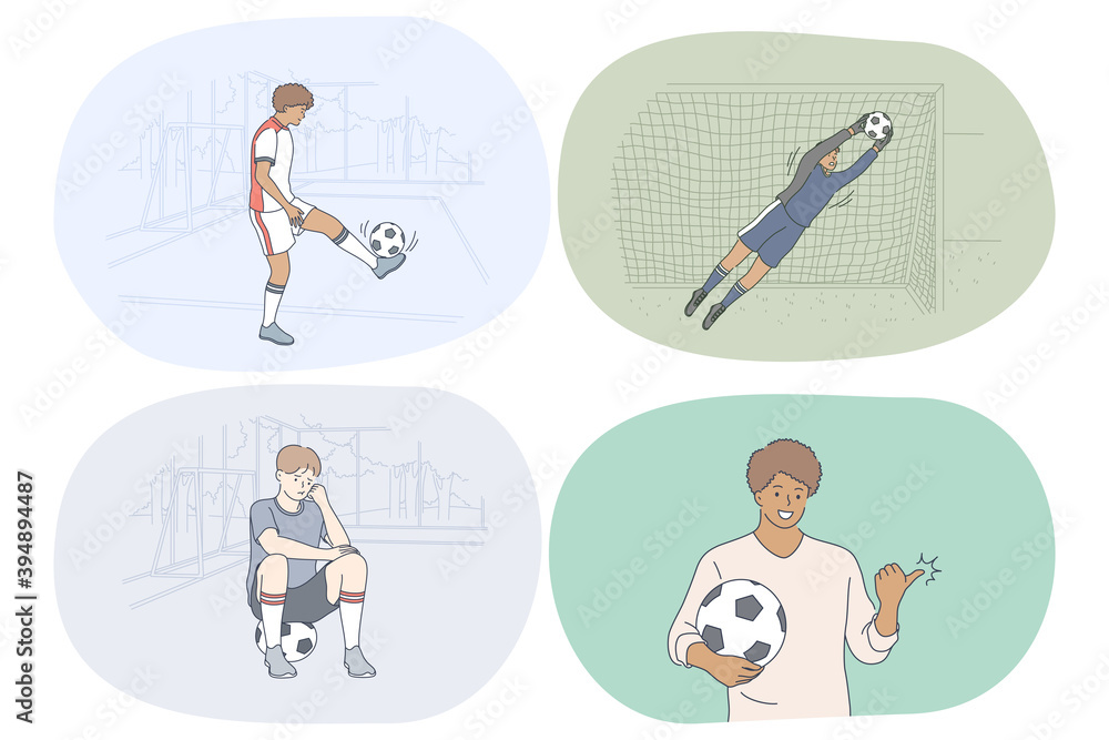 Professional football player, soccer ball and match concept. Young men ...