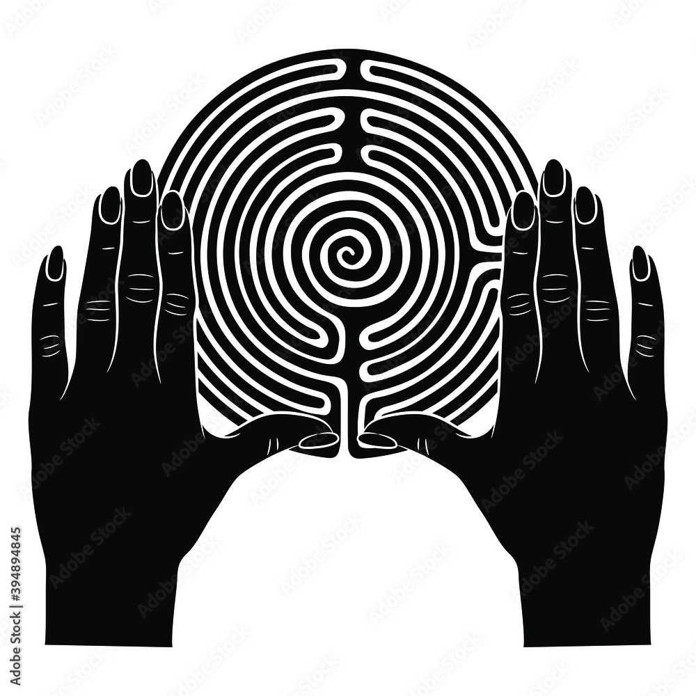 Round spiral labyrinth or maze symbol between two human female hands ...