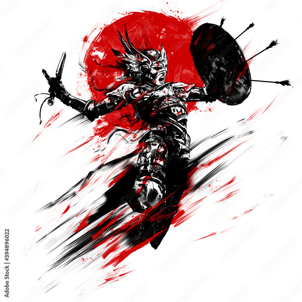 Valkyrie rushing into battle, in an epic leap with a sword and shield ...