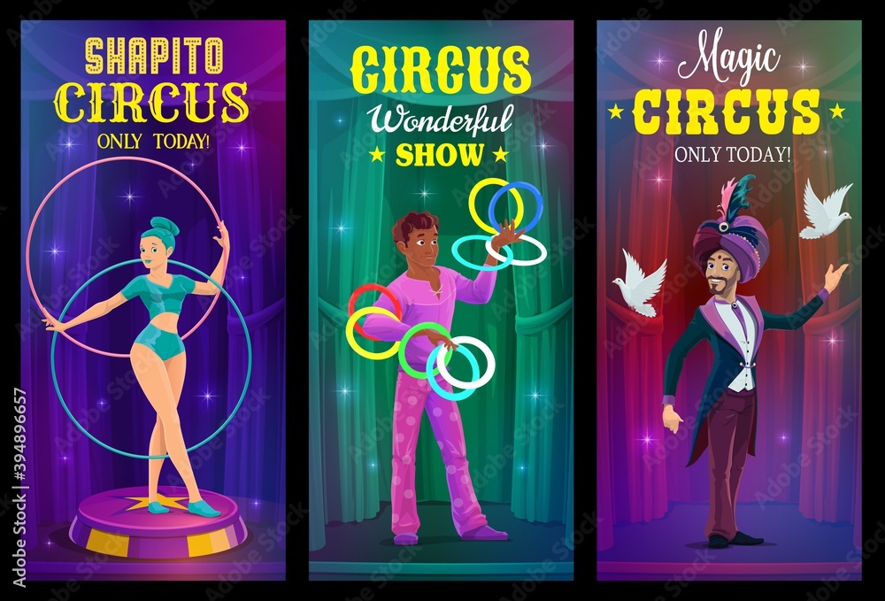 Circus magician, juggler and acrobat vector banners of chapiteau ...