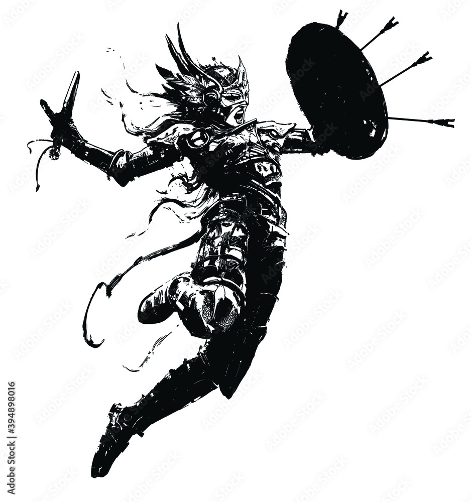 Valkyrie rushing into battle, in an epic leap with a sword and shield ...