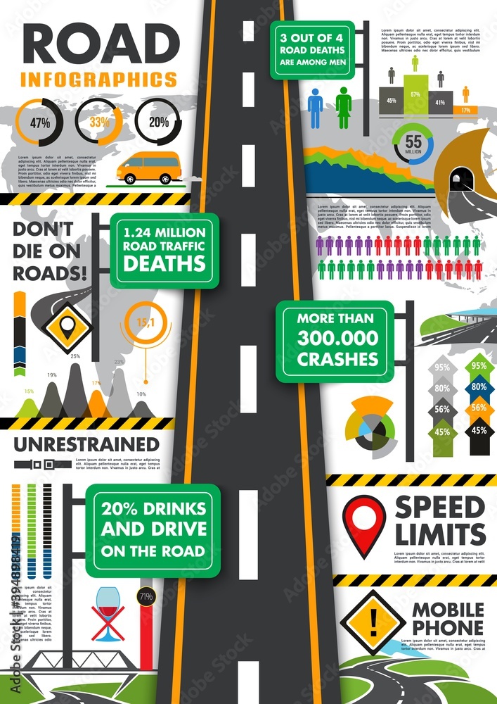 Vetor de Traffic and transportation vector infographics. World map with pie chart, speed limit ...