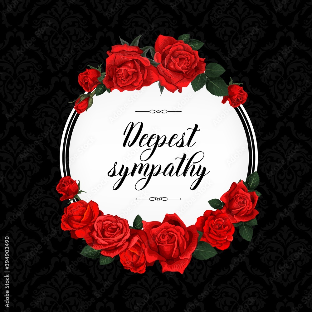 Funeral vector card with sketch red rose flowers wreath. Obituary frame ...